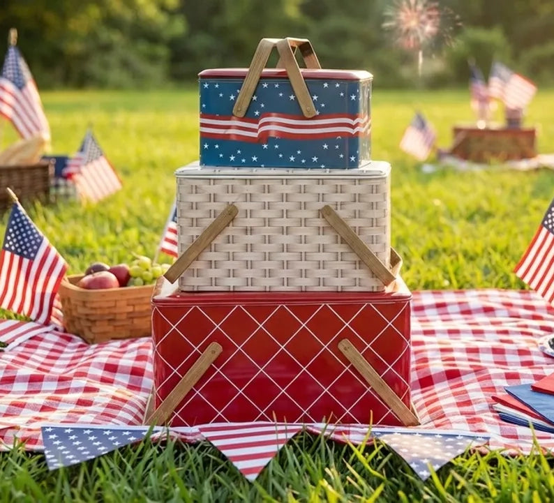 Set of 3 Red White and Blue Tin Picnic Baskets – Cotton & Crete