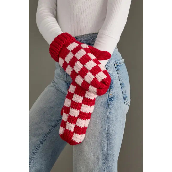 Red and Pink Checkered Knit Mittens – Cotton & Crete